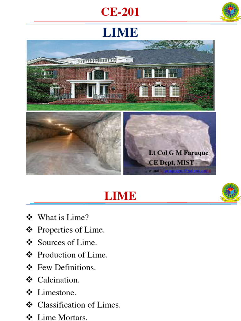 Lec-1 - Lime - CE 201@CE-21 - 2020 | PDF | Cement | Calcium