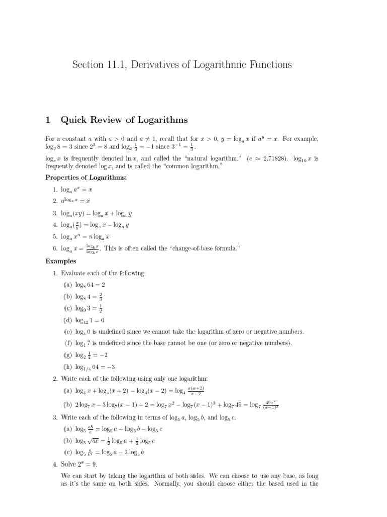 Derivatives Of Logarithmic Functions 1 Pdf Mathematics
