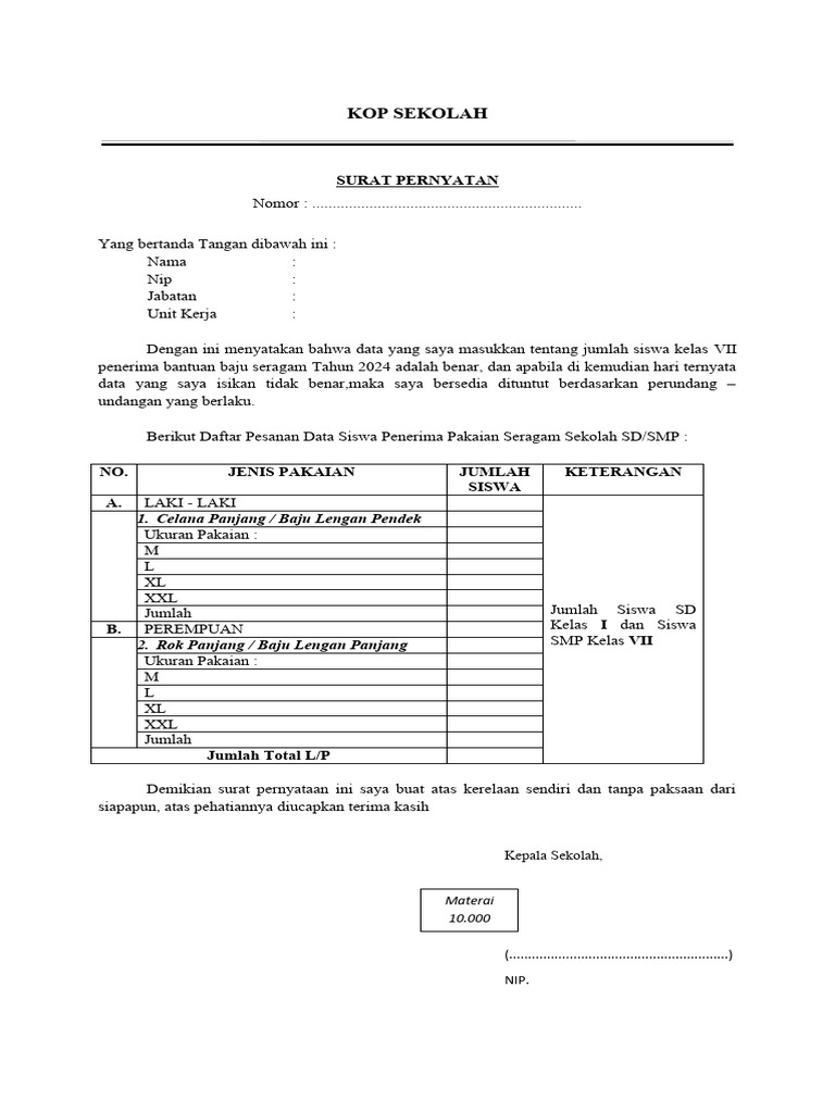 Surat Pernyataan Pakaian Seragam Sekolah SMP | PDF