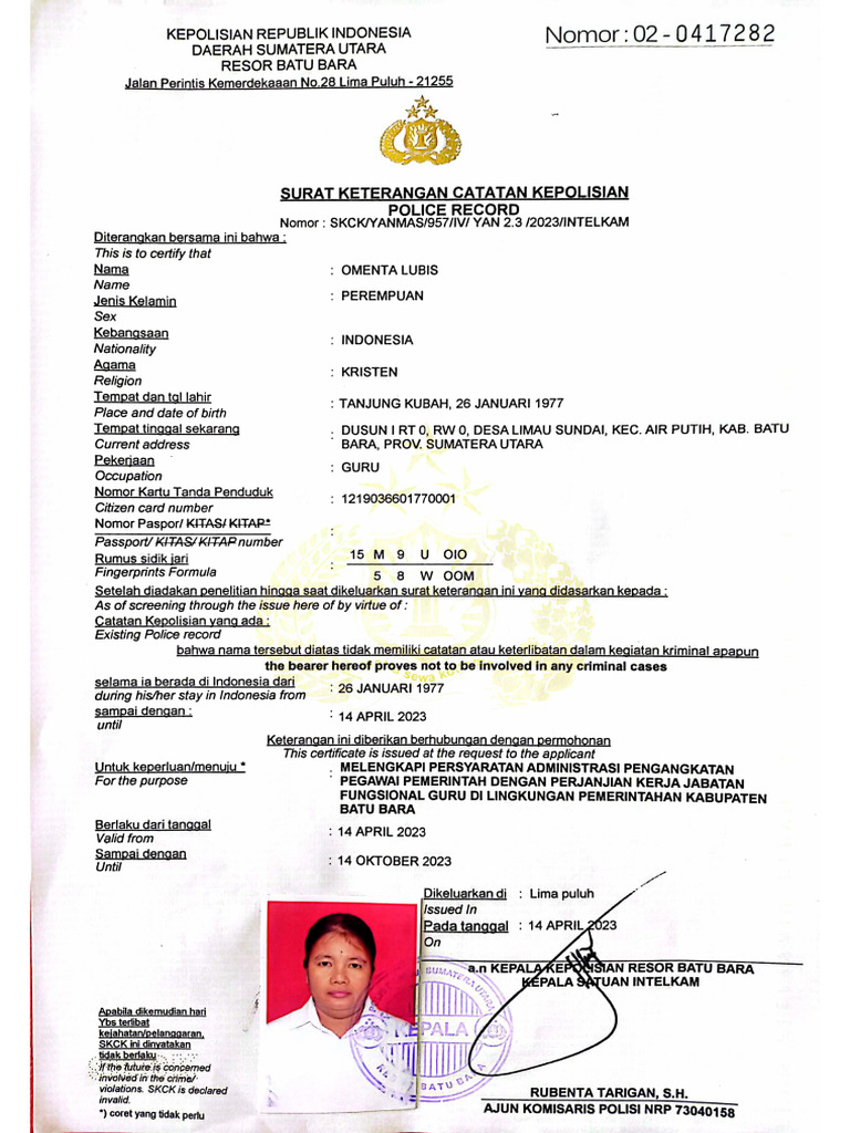Surat Keterangan Catatan Kepolisian - An.Omenta Lubis | PDF