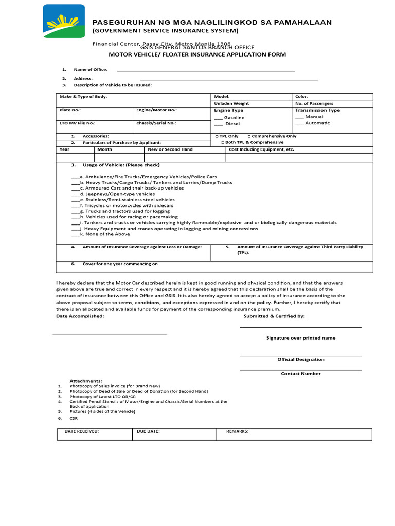 GSIS Motor Vehicle Insurance Application | PDF | Truck | Insurance