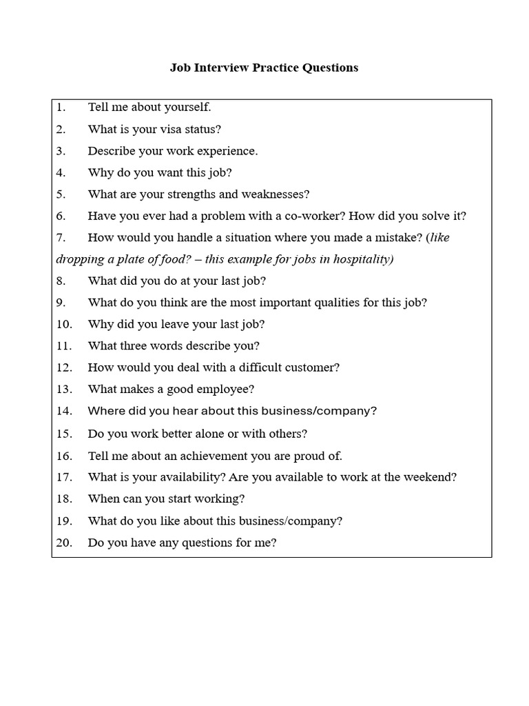 Job Interview Practice Questions | PDF | Job Interview | Cognition Job Interview Practice Questions | PDF | Job Interview | Cognition