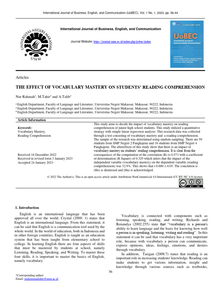 Vocabulary Mastery and Reading Comprehension | PDF | Estimation Theory ...
