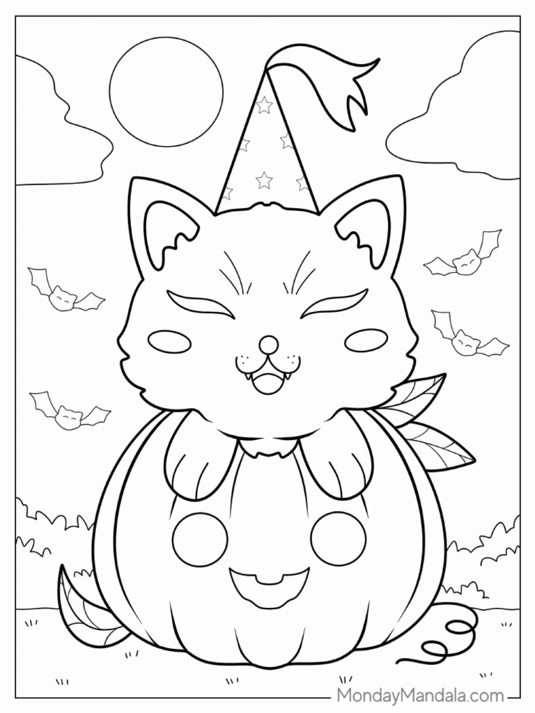 Cute Cat Sitting On Pumpkin To Color | PDF