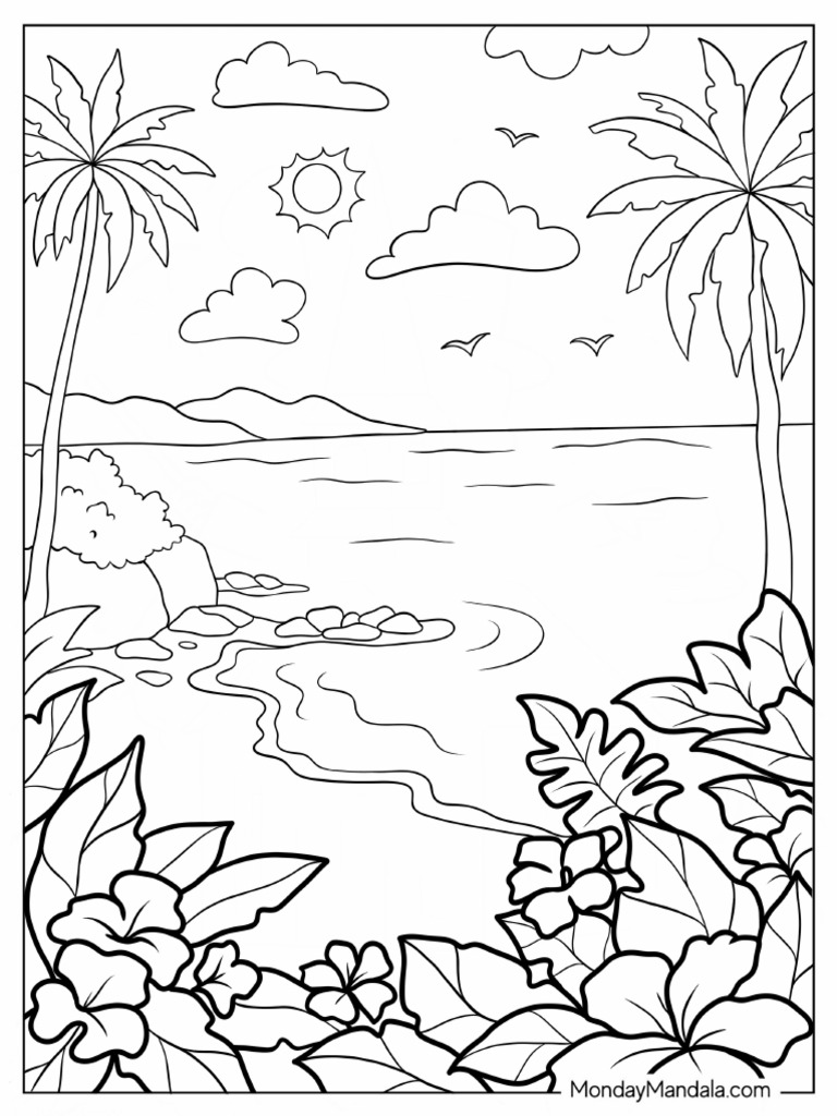 Easy Beach in Summer Coloring Page | PDF