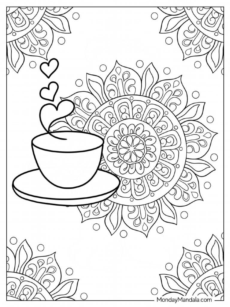 Easy Coffee Mandala Coloring Sheet | PDF