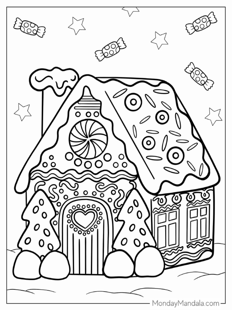 Gingerbread House With Candy and Icing To Color | PDF