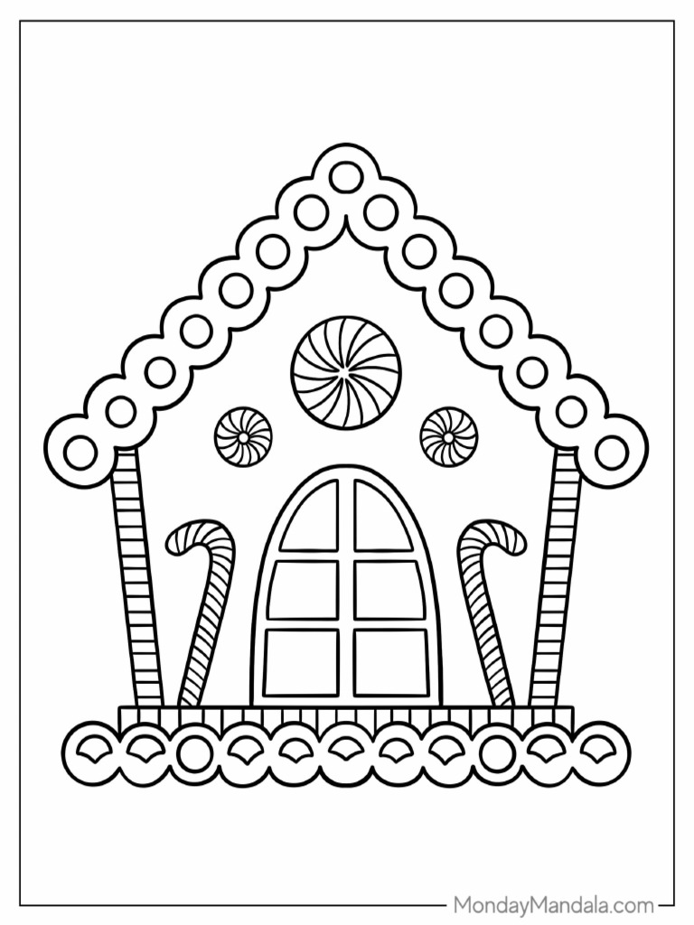 Gingerbread House With Candy Canes To Color For Kids | PDF