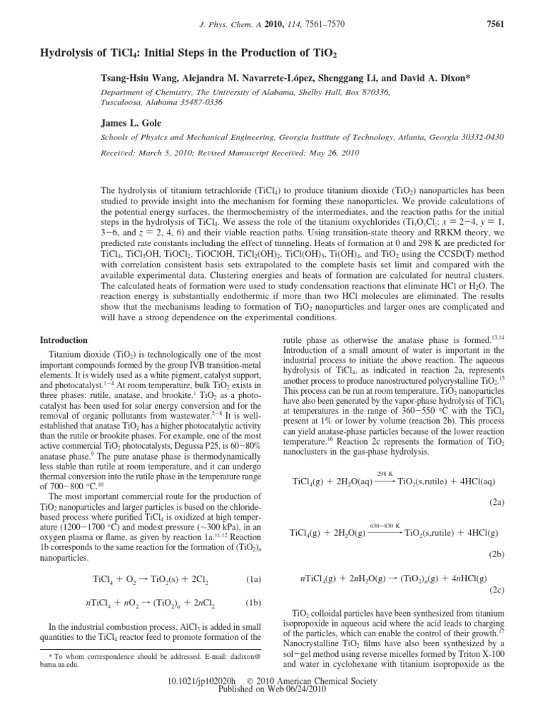 Hydrolysis of TiCl4 - Initial Steps in The Production of TiO2 | PDF ...