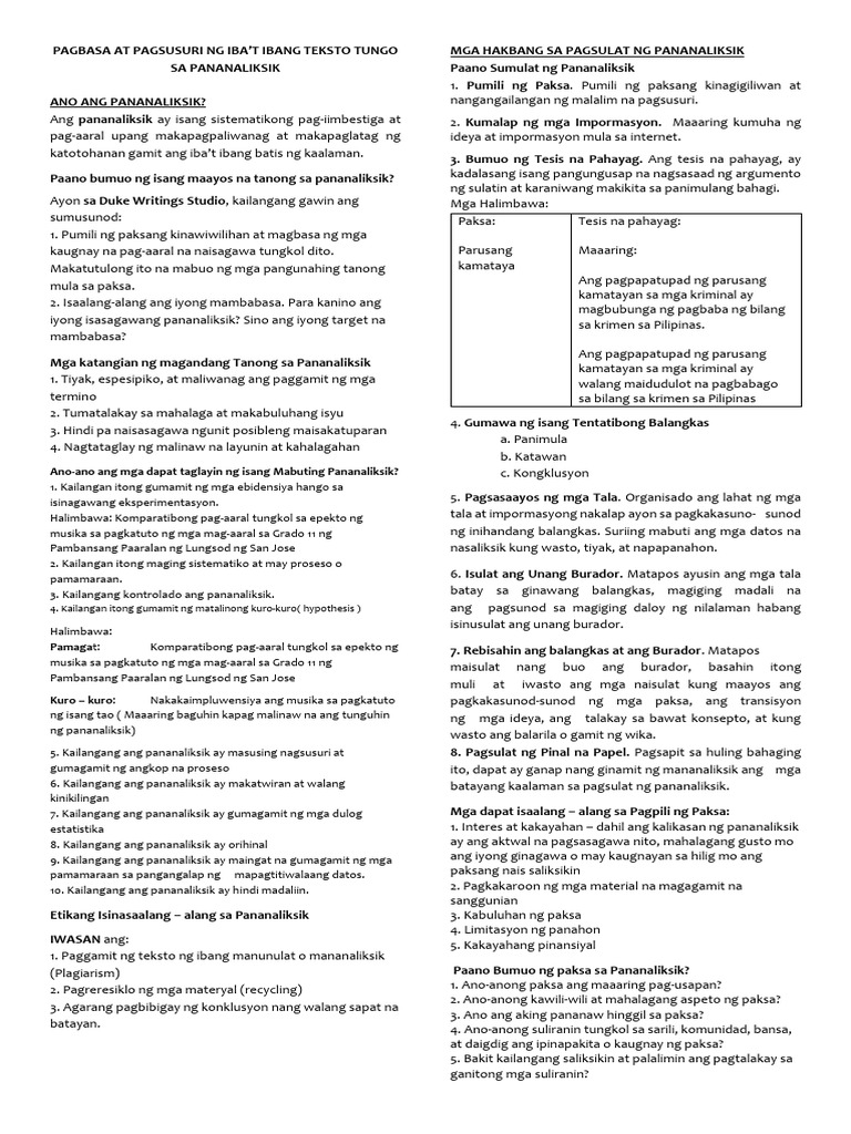 REVIEWER PAGBASA AT PAGSUSURI 4th 2024 | PDF