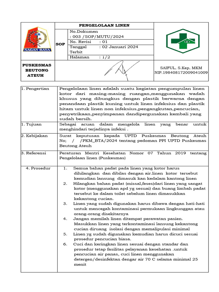 Sop Pengelolaan Linen | PDF