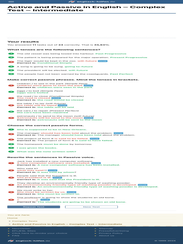 Active and Passive Voice - Complex Test English | PDF | Language ...