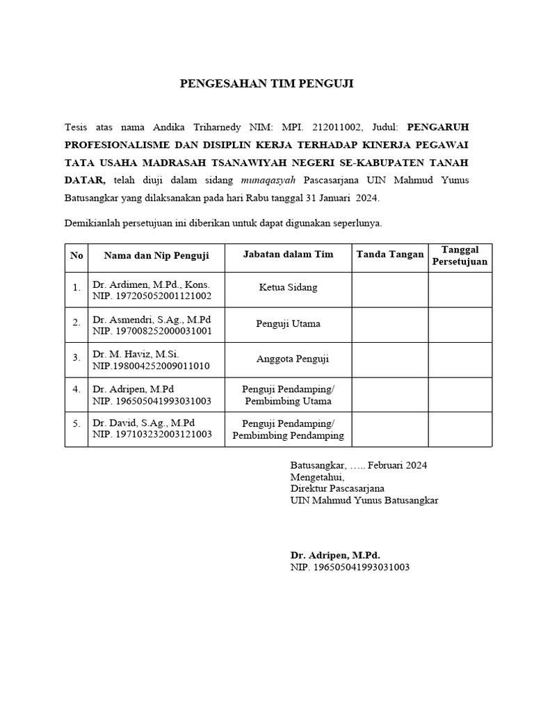 Afrizon - Lembar Pengesahan TIM PENGUJI Munaqasyah S.2 | PDF | Sains ...