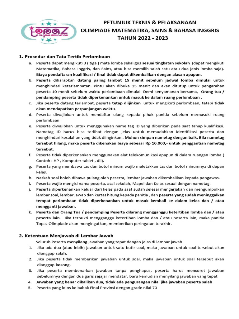 Juknis Olimpiade Topaz 2023 | PDF