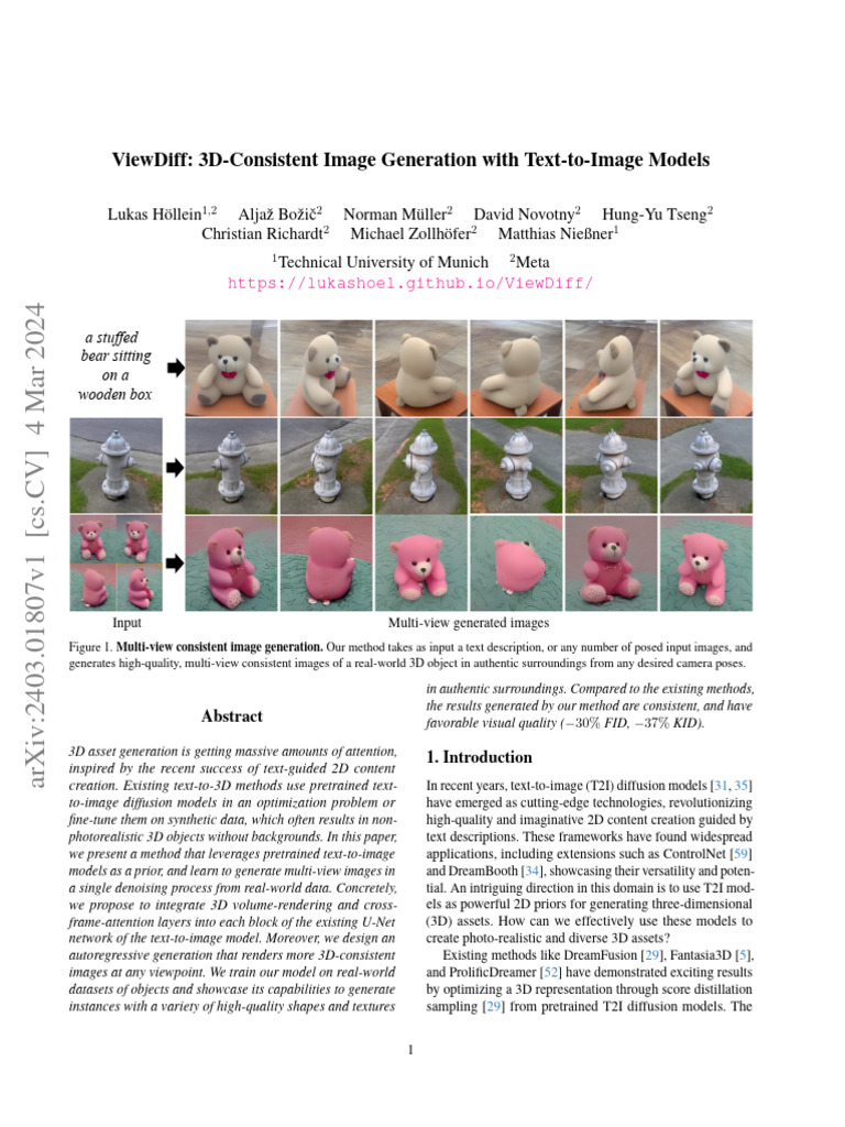 ViewDiff - 3D - Consisitent Image Generation With Text To Image Models | PDF | 3 D Computer ...