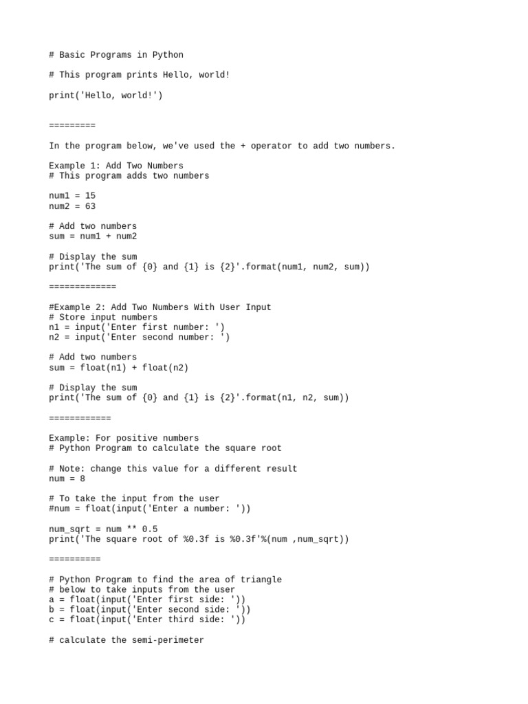 Basic Programs in Py | PDF | Mathematics | Computer Programming Basic Programs in Py | PDF | Mathematics | Computer Programming