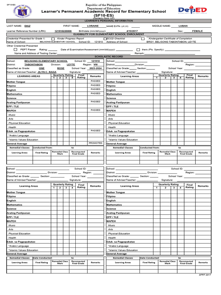 School Form 10 SF10 Learner's Permanent Academic Record for Elementary ...