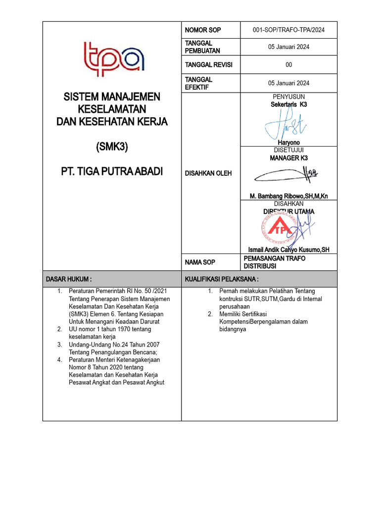 Sop Pemasangan Trafo 20 KV | PDF