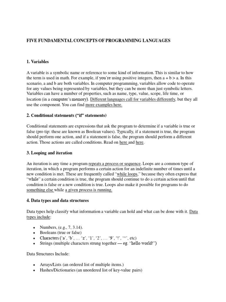 Five Fundamental Concepts of Programming Languages | PDF | Control Flow | Variable (Computer ...
