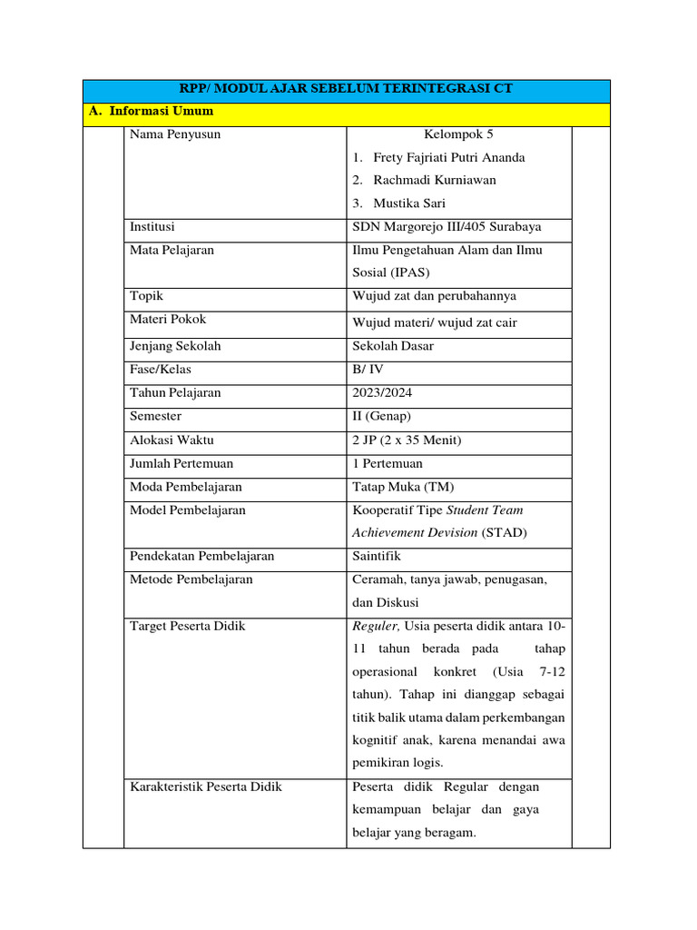 Modul Ajar Sebelum Dan Sesudah Integrasi CT | PDF