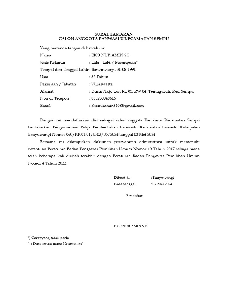 FORMULIR Daftar Panwas Eko | PDF