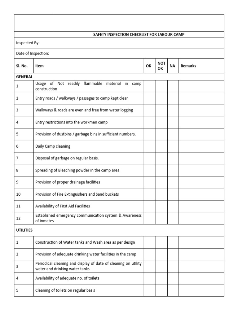 SAFETY INSPECTION CHECKLIST FOR LABOUR CAMP | PDF | Kitchen | Water