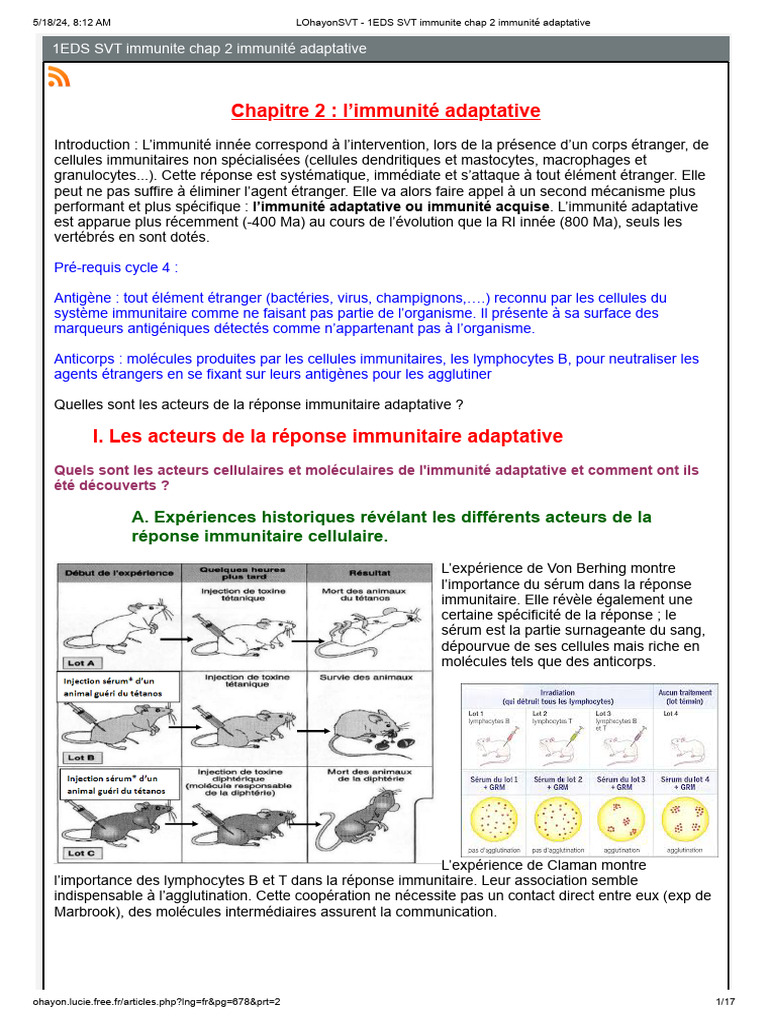 Immunité Adaptative : Acteurs et Mécanismes | PDF | Système immunitaire ...