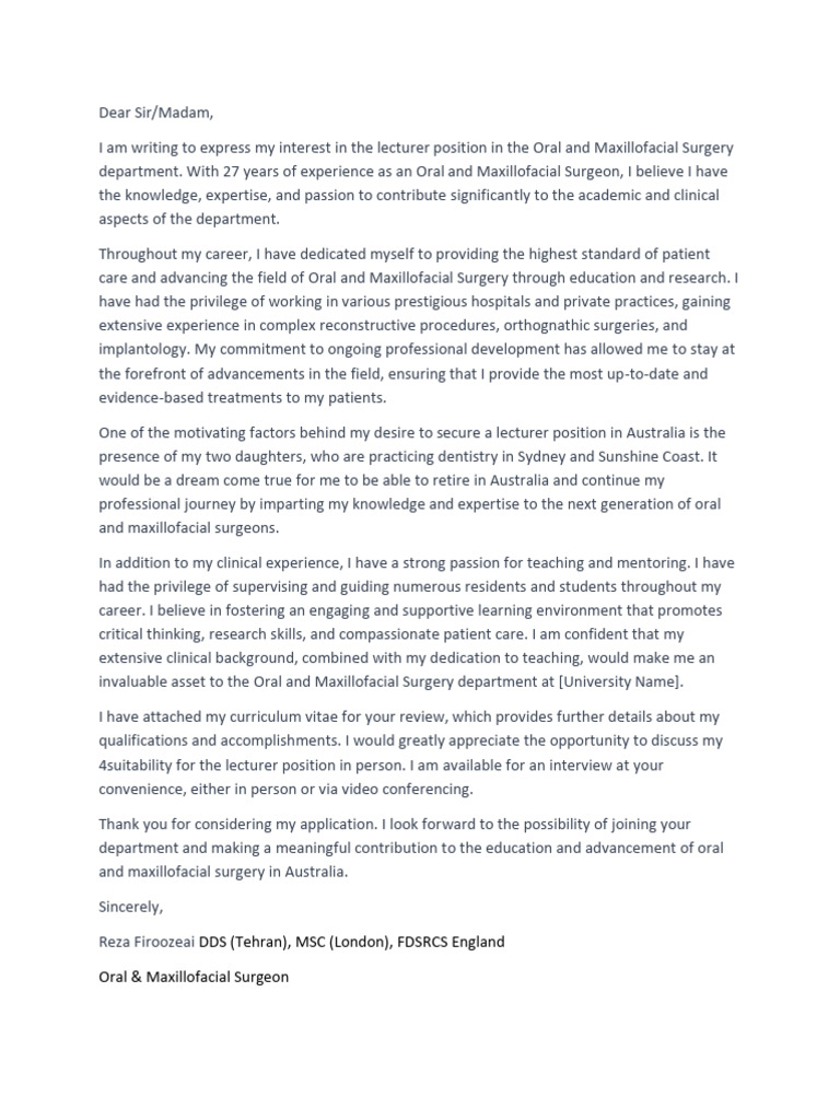 Cover Letter | PDF | Oral And Maxillofacial Surgery | Surgery