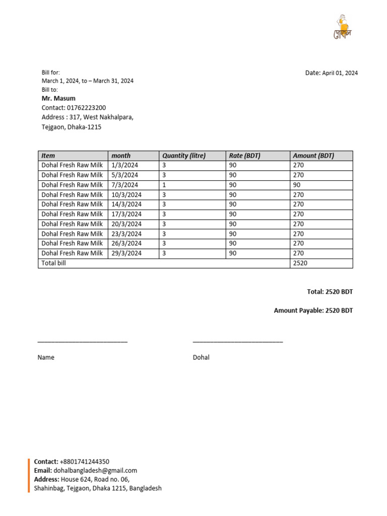 March 2024 Milk Bill for Mr. Masum | PDF | Cooking, Food & Wine