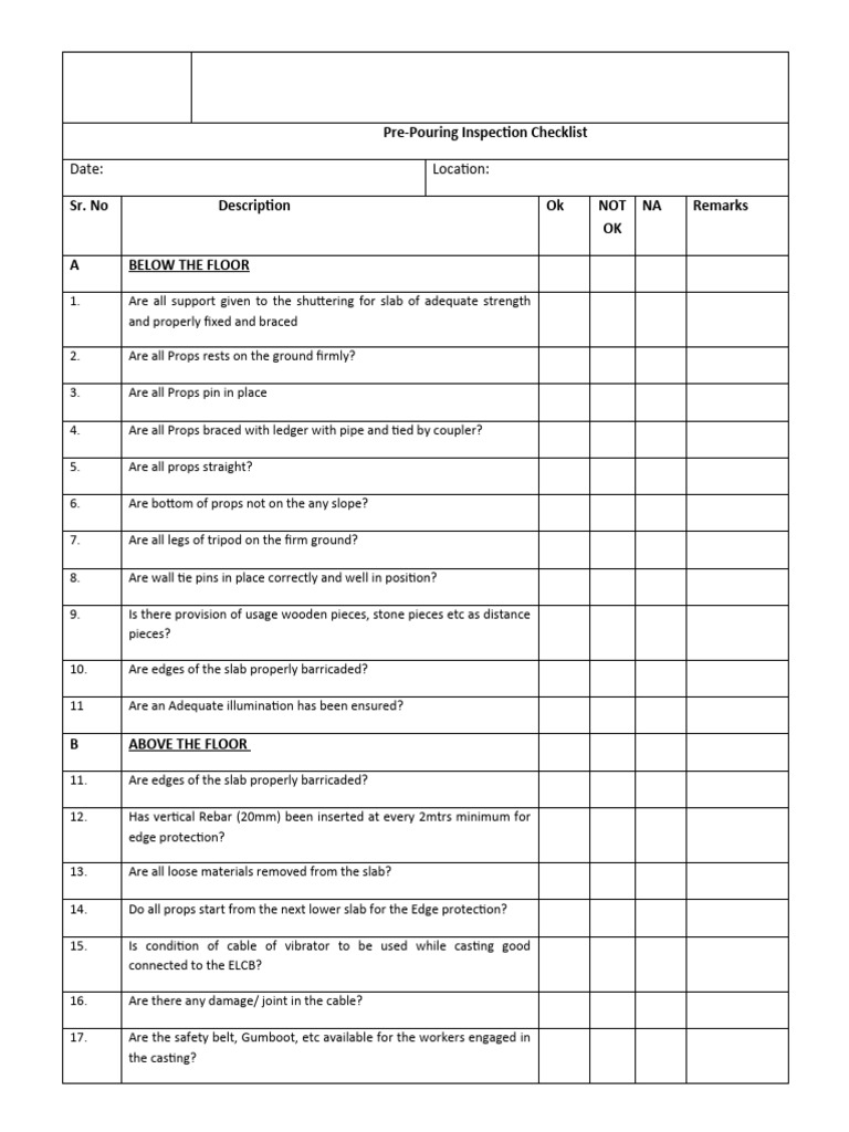 Pre-Pouring Inspection Checklist | PDF | Structural Engineering ...