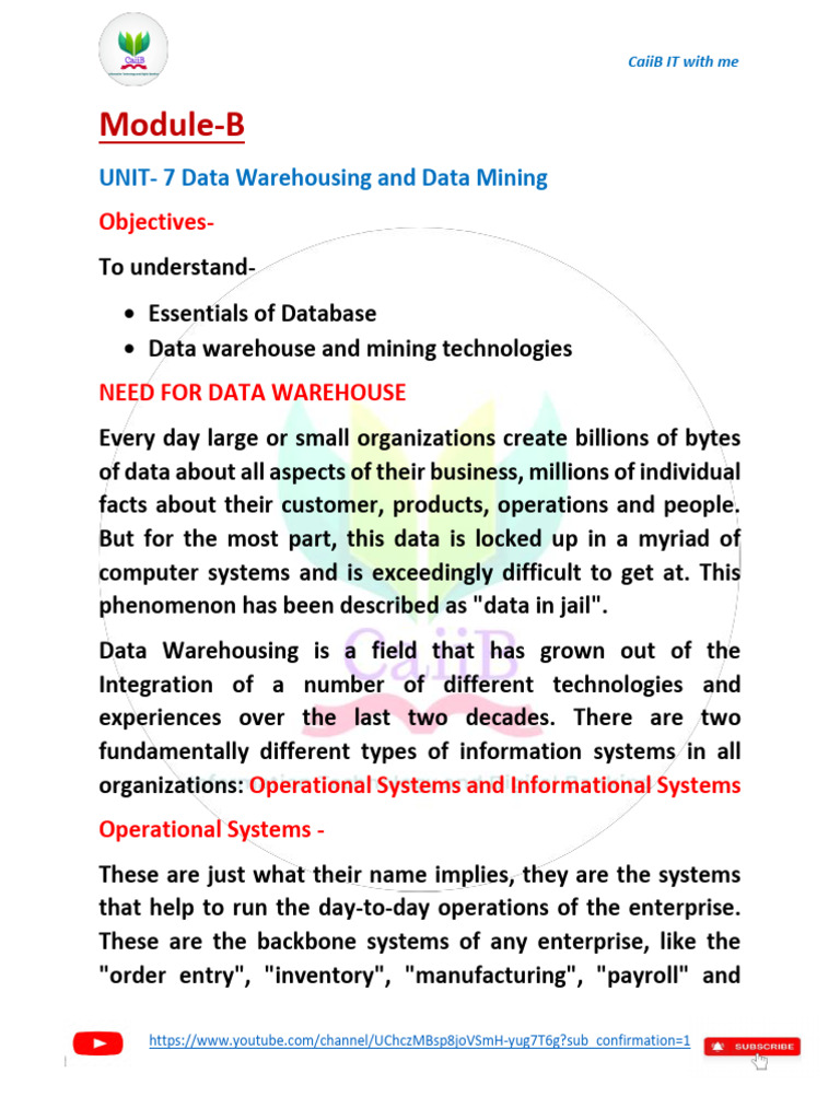 DATA WAREHOUSES AND DATA MINING Unit 7 - 1 | PDF | Data Warehouse | Metadata