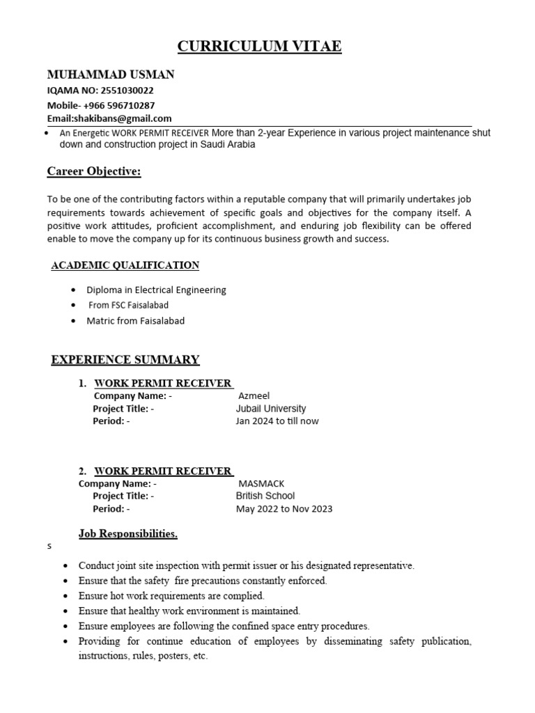 Muhammad Usman CV | PDF | Safety | Employment