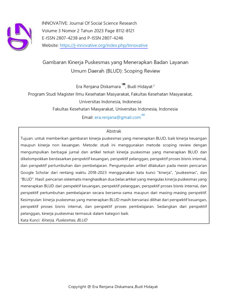 Gambaran Kinerja Puskesmas Yang Menerapkan Badan Layanan Umum Daerah (BLUD) : Scoping Review | PDF