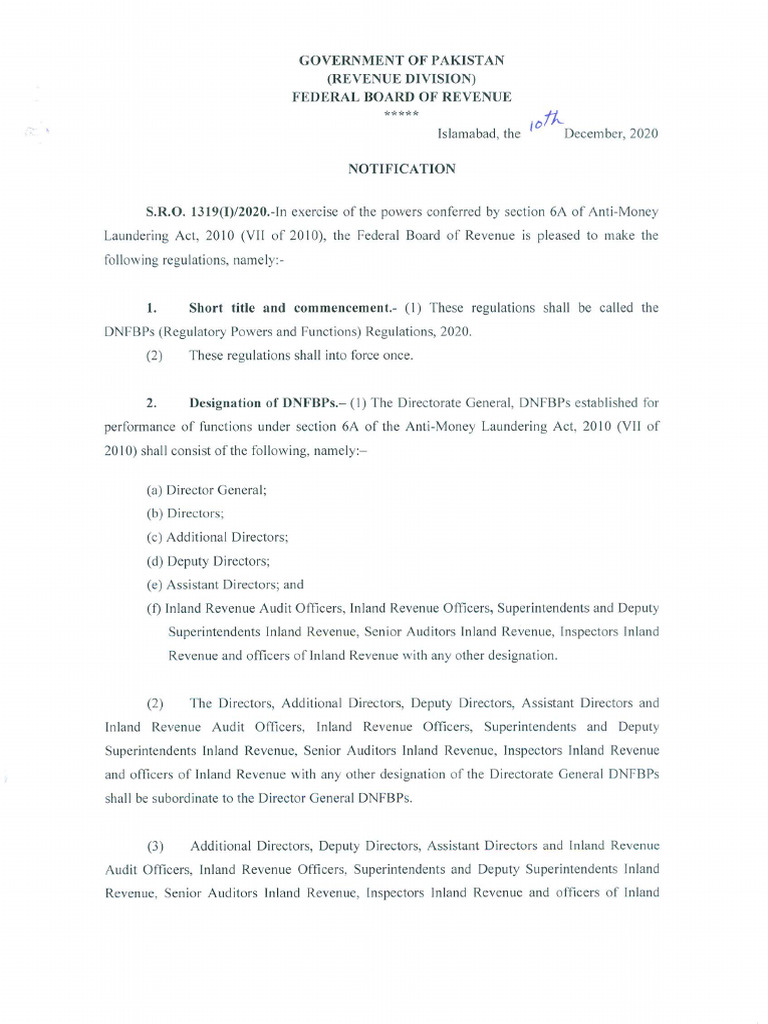 DNFBP FBR Regulations | PDF