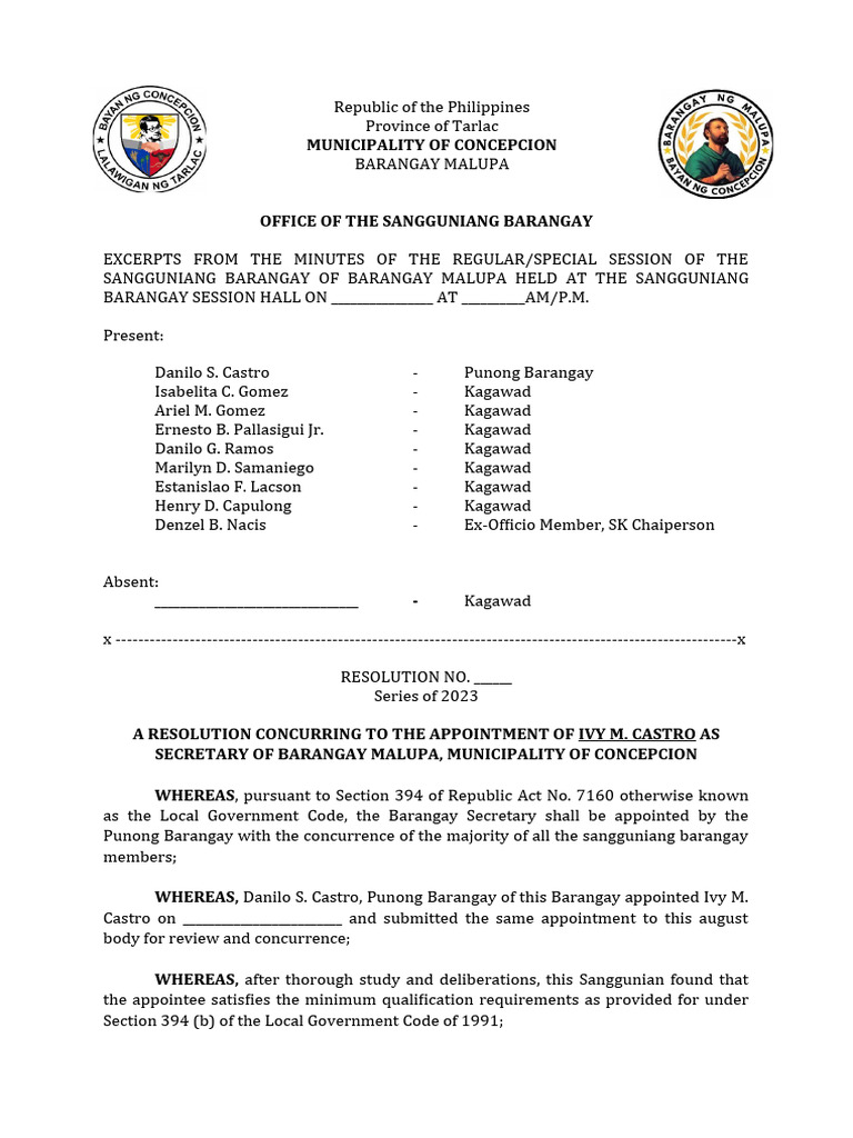 Resolution On The Appointment of Barangay Secretary | PDF | Philippines