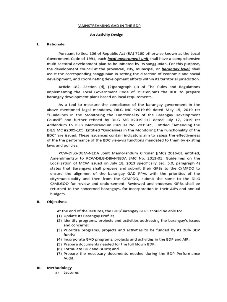 Activity Design - BDP Planning & Budgeting | PDF | Government | Governance