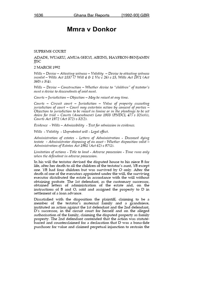 Mmra V Donkor (1992-93) GBR 1636 | PDF | Will And Testament | Wisconsin ...