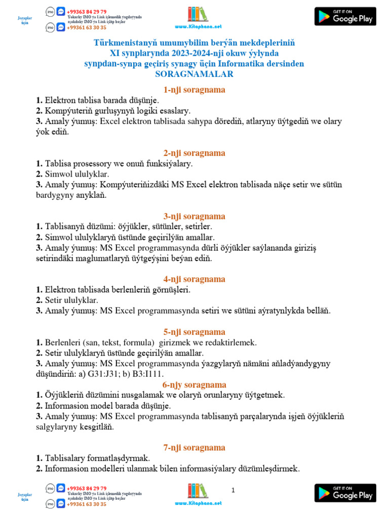 11 Informatika (6 Ýaşly) Soragnama-2024 | PDF