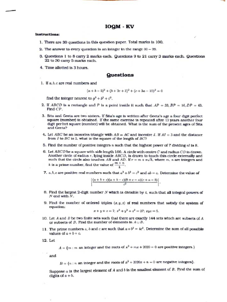 IOQM KV Question Paper | PDF