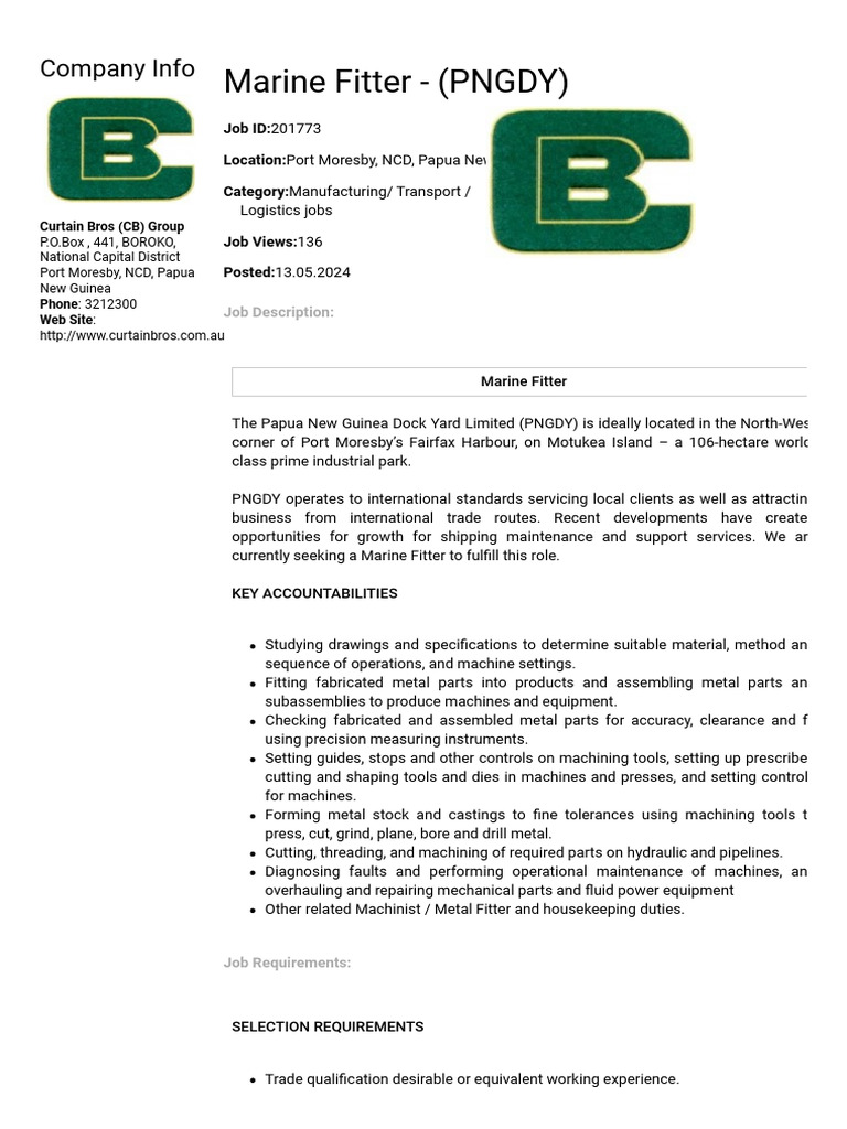 Marine Fitter Position at PNG Dock Yard | PDF | Machinist | Business ...