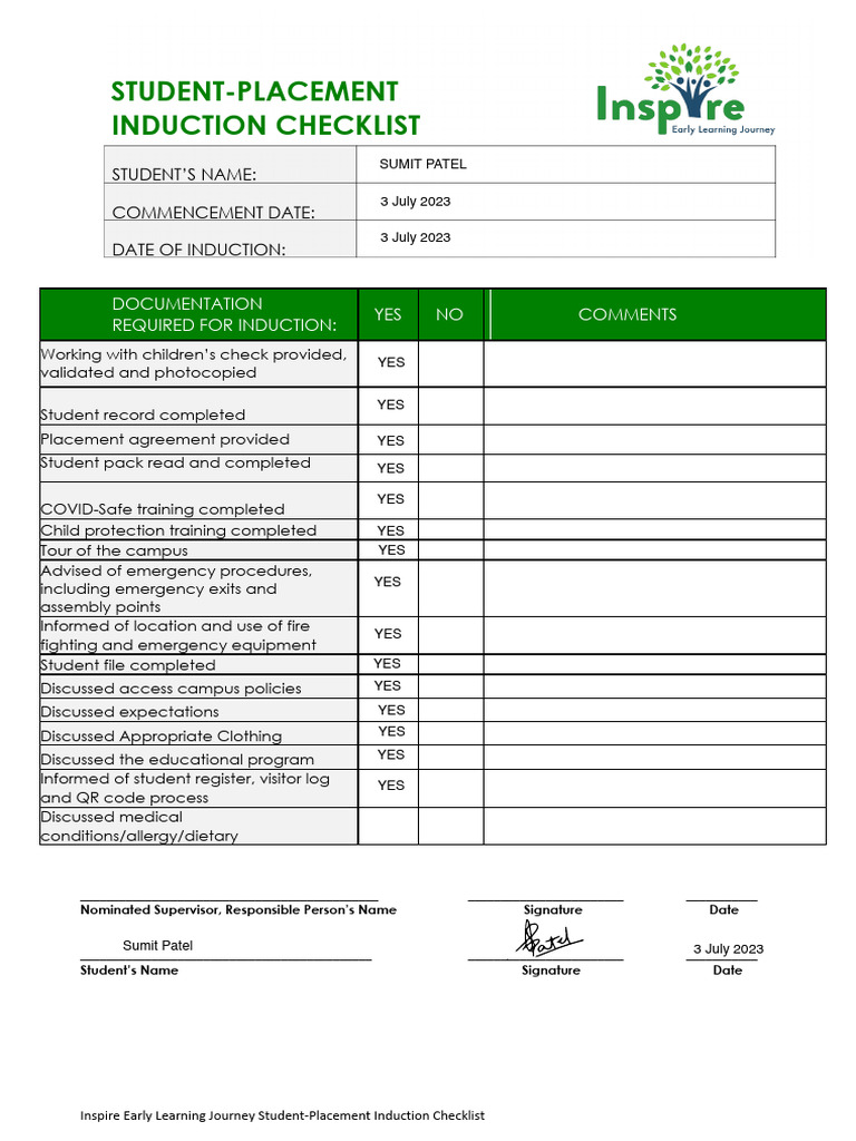 Student-Placement Induction Checklist | PDF