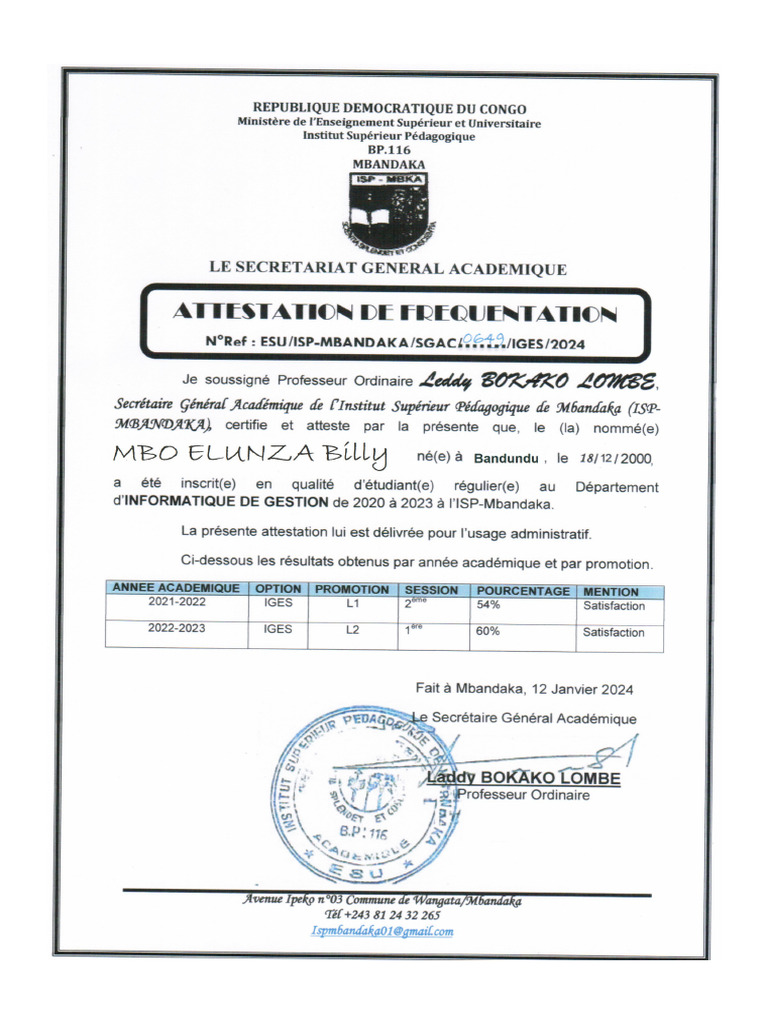 Attestation Isp Mbandaka | PDF