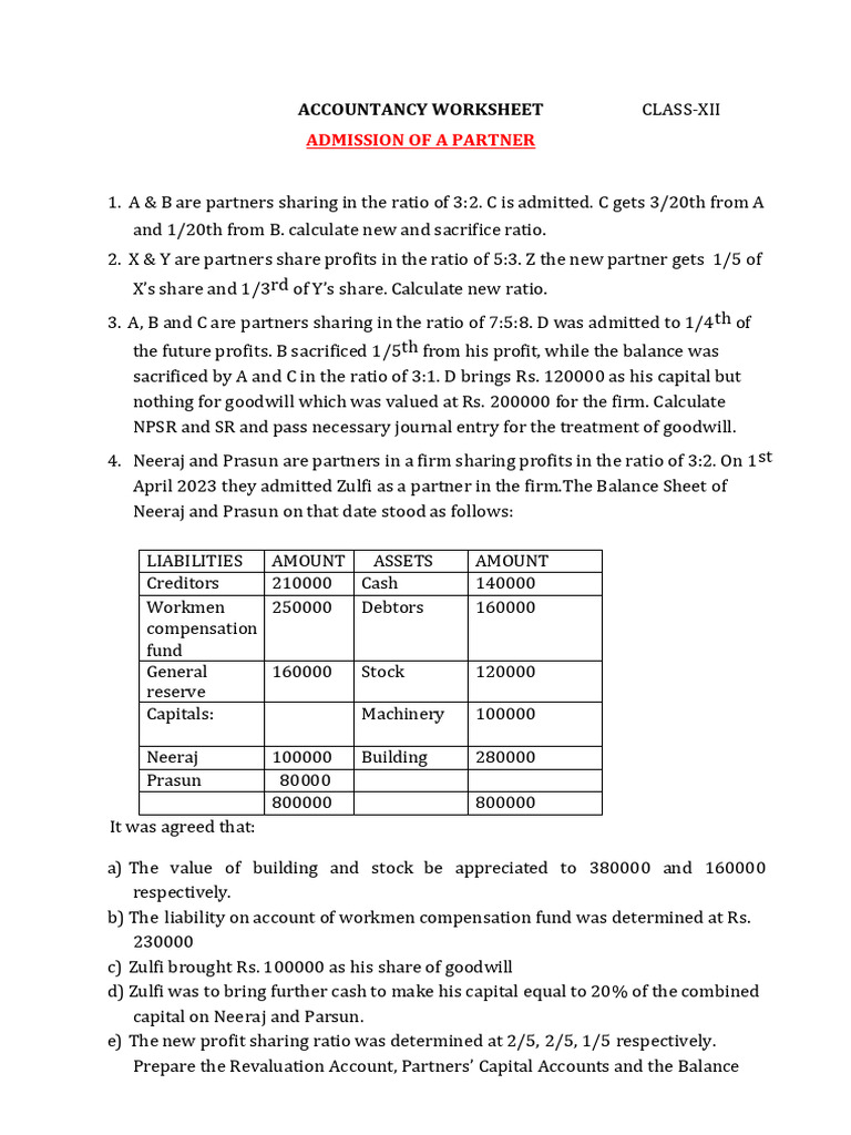 Admission of A Partner Worksheet | Download Free PDF | Goodwill ...