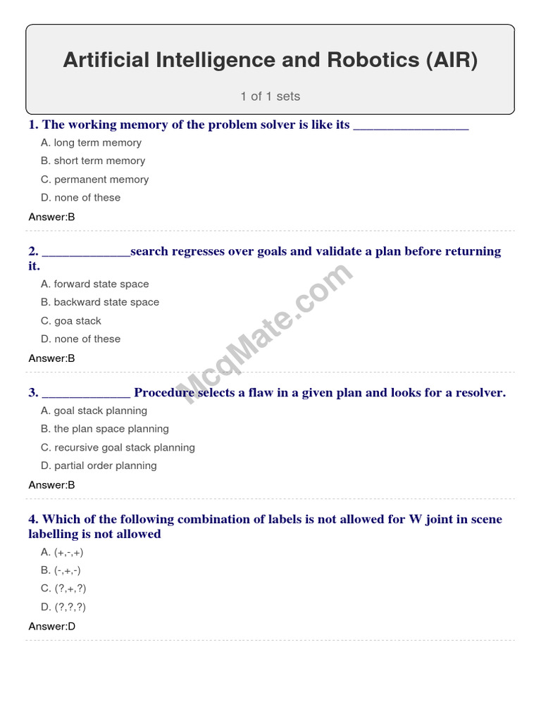 AI & Robotics MCQs with Answers | PDF | First Order Logic | Logic