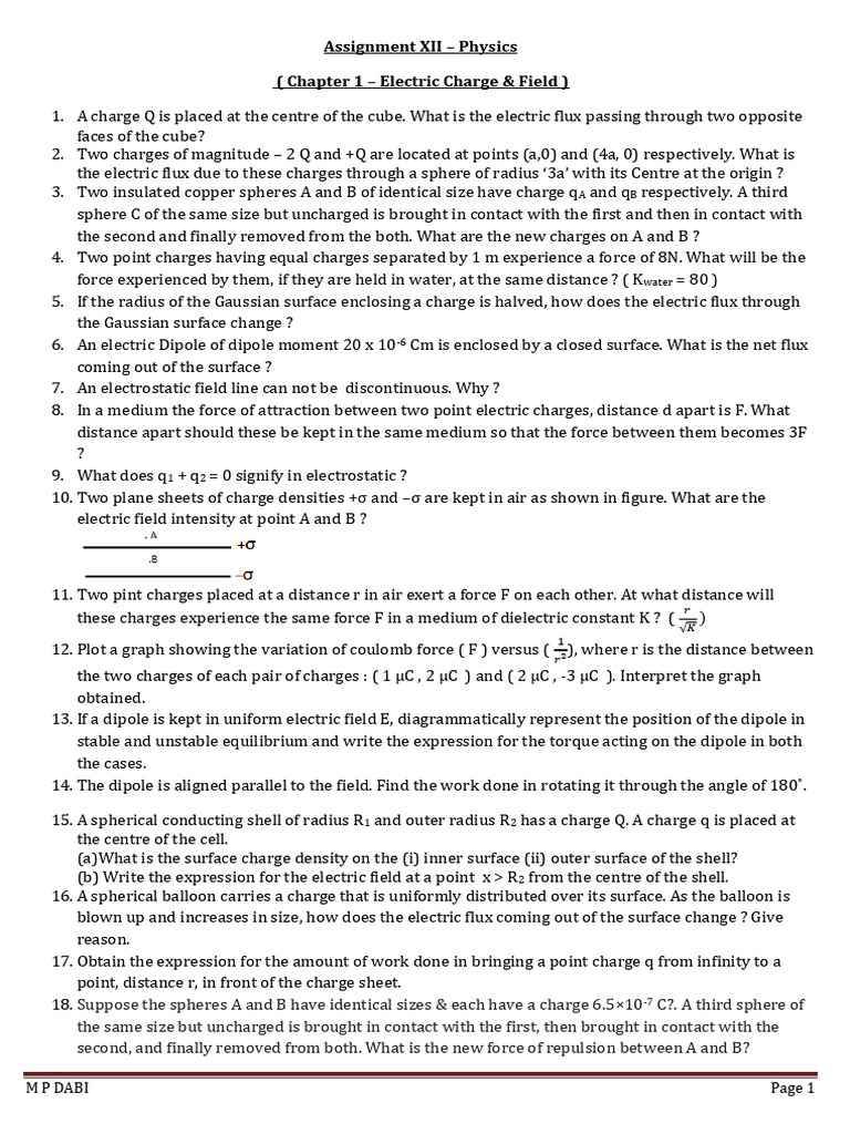 Assignment Electrostatcs XII | PDF | Electrostatics | Electric Field