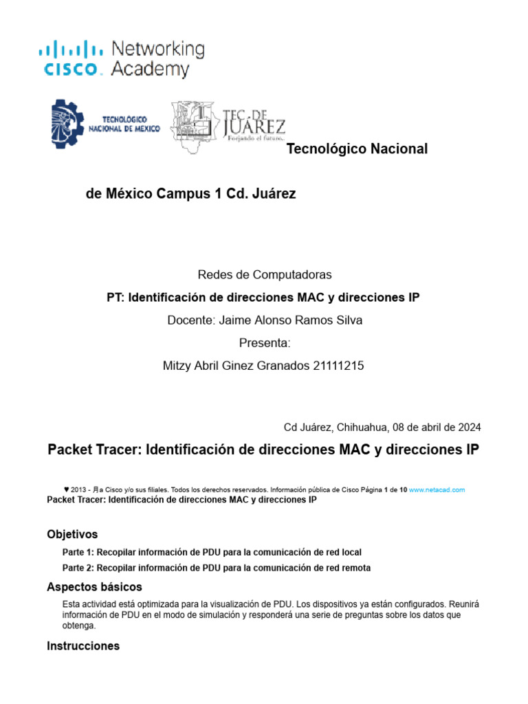 9.1.3 Packet Tracer Identify MAC and IP Addresses Mitzy Abril Ginez Granados | PDF | Enrutador ...