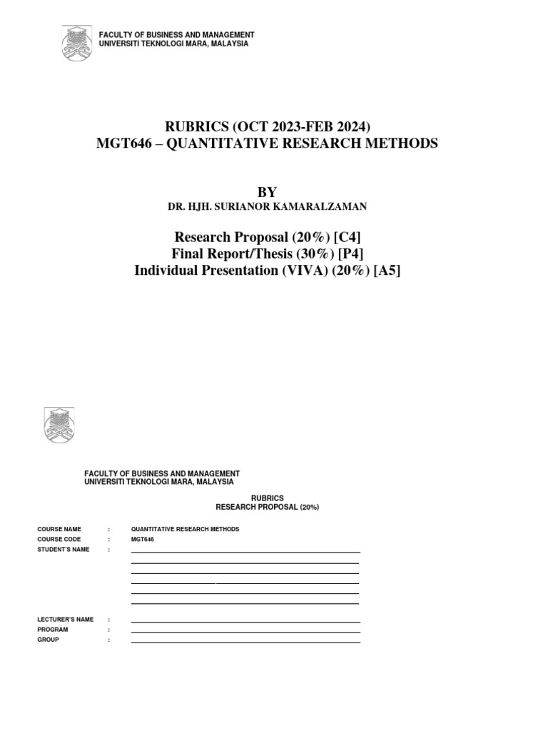 MGT646 Quantitative Research Rubrics | PDF | Methodology | Evaluation