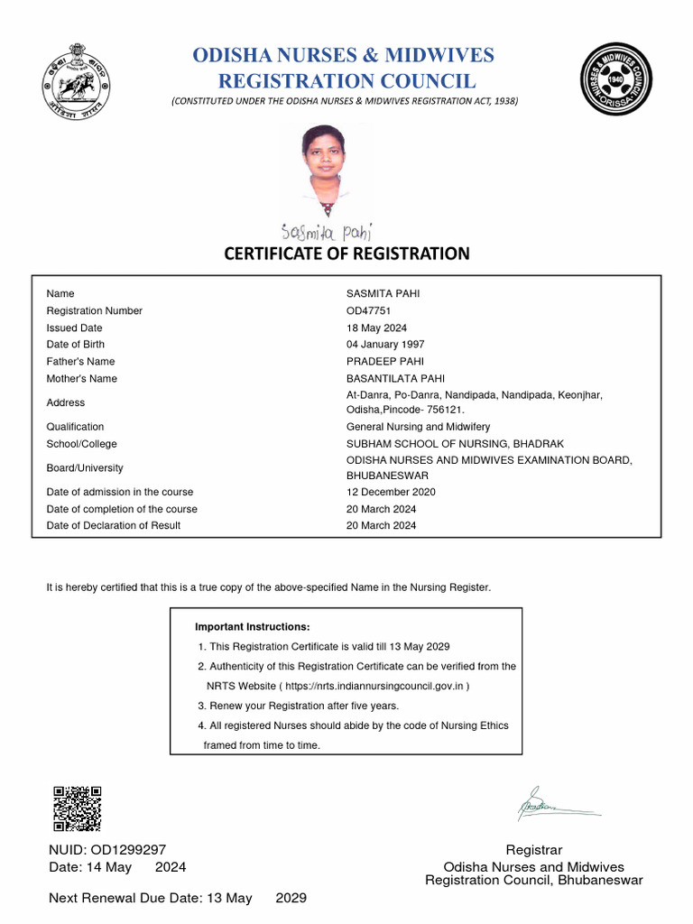 NUID: OD1299297 Registrar Date: 14 May 2024 Odisha Nurses and Midwives ...