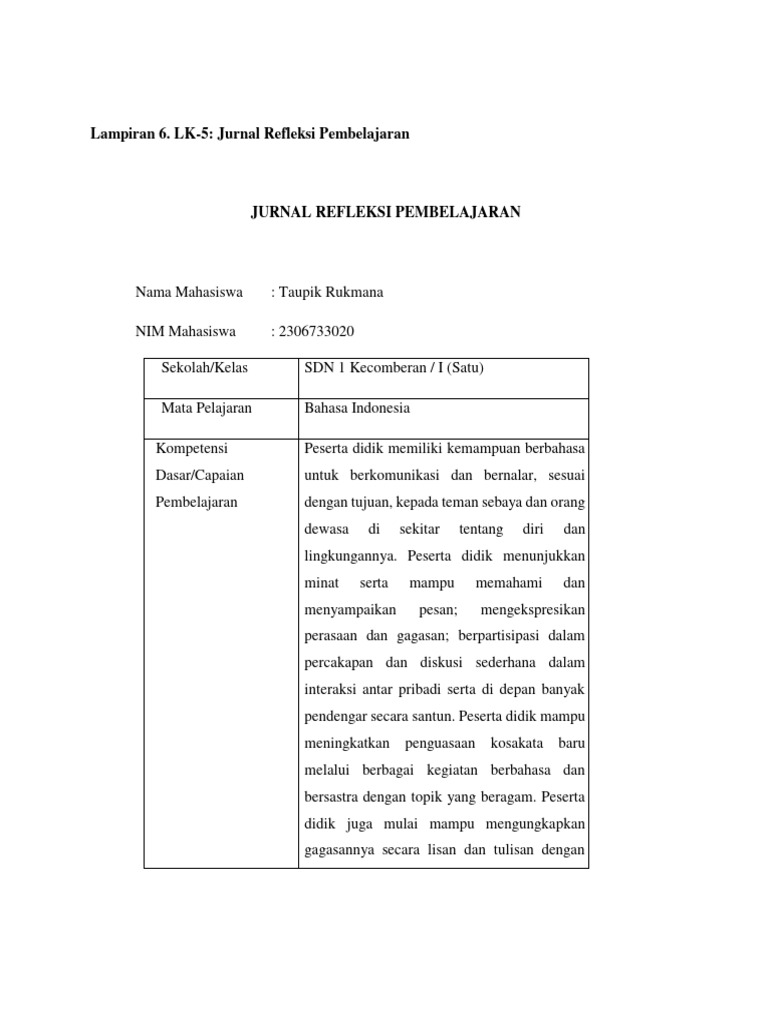 Lampiran 6. LK-5 Contoh Jurnal Refleksi Pembelajaran | PDF | Karier & Perkembangan