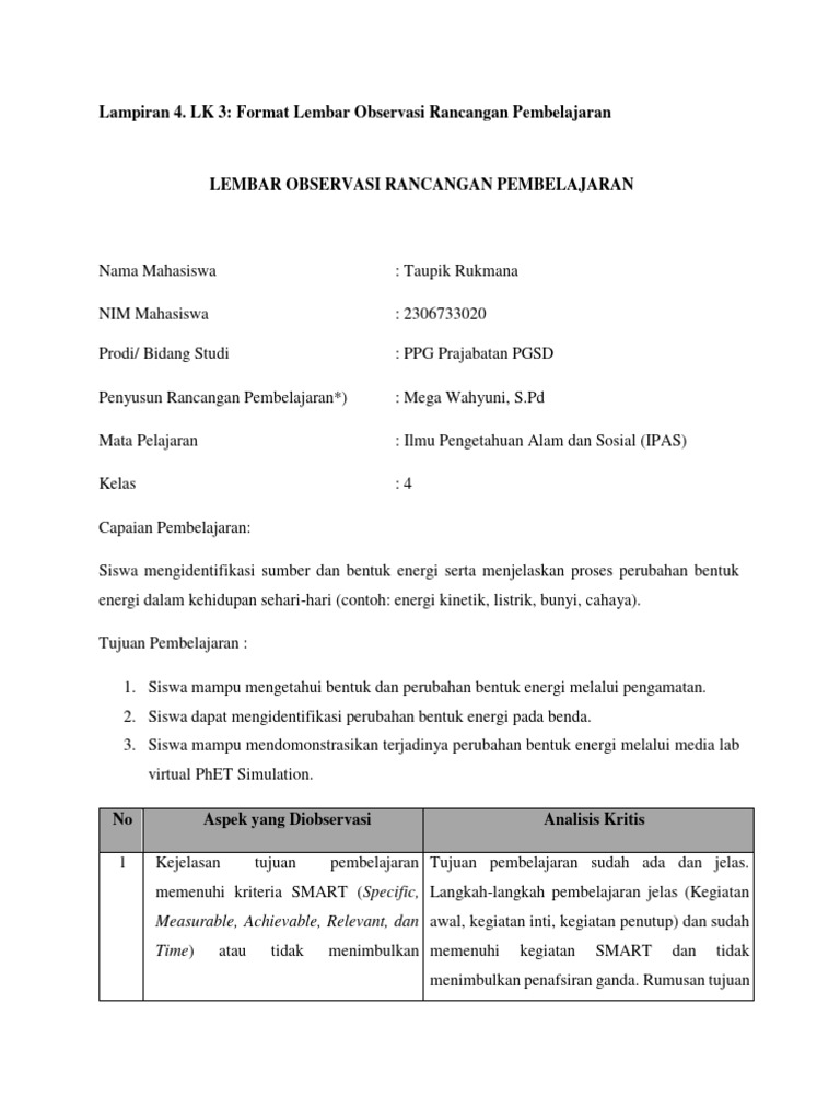 siklus 4 Lampiran 4. LK 3 PPL 2 kelas 4 Rancangan Pembelajaran | PDF